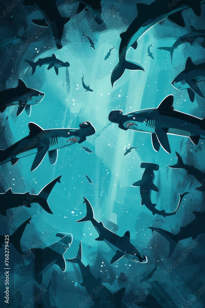 A group of hammerhead sharks, known as a school, are seen swimming ...