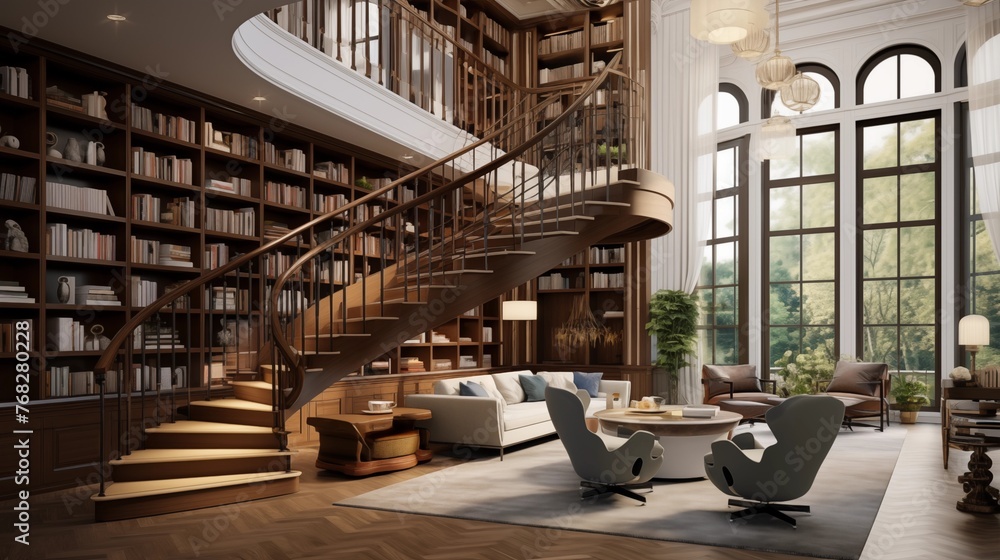 Two-story home library with Juliette balconies, spiral staircases, cozy ...