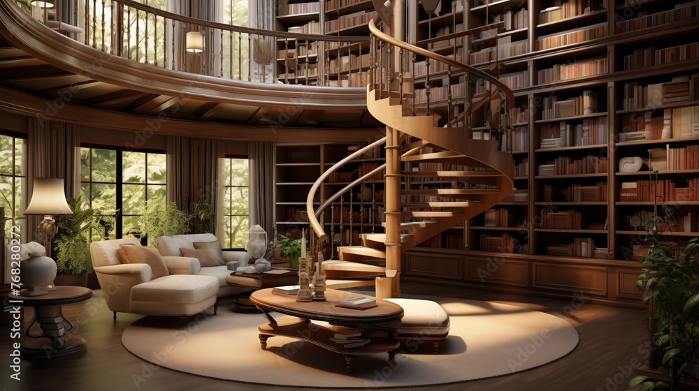 Two-story home library with Juliette balconies, spiral staircases, cozy ...