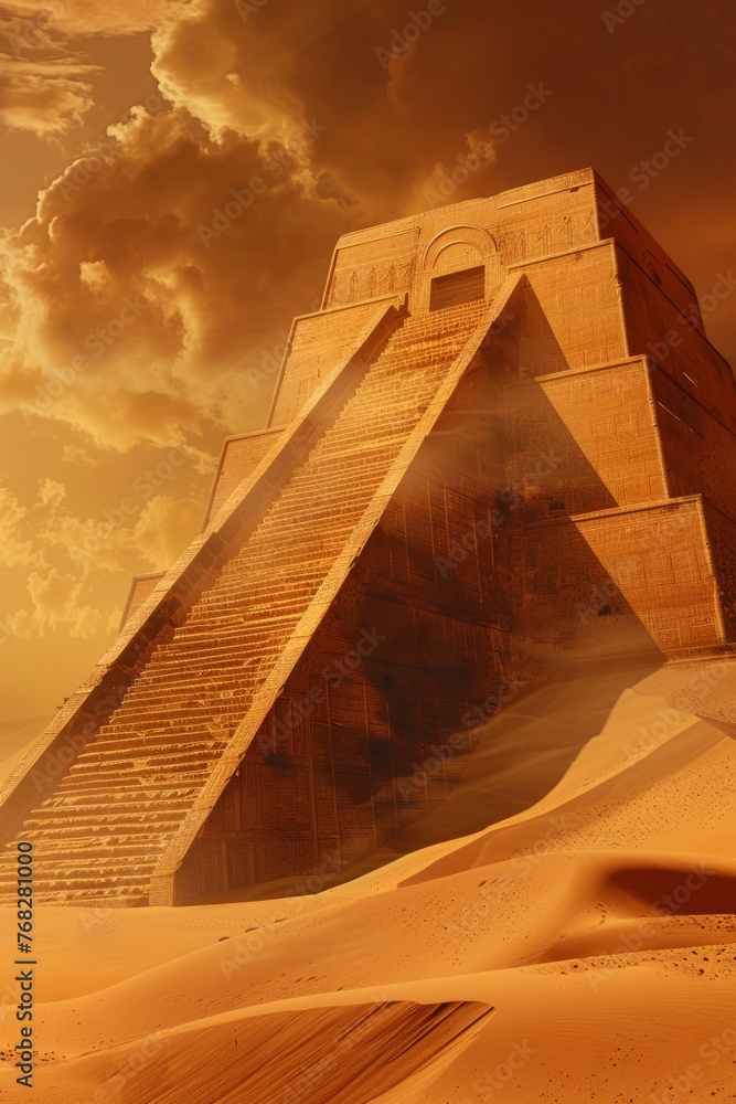 A pyramid-shaped structure, reminiscent of an ancient Mesopotamian ...