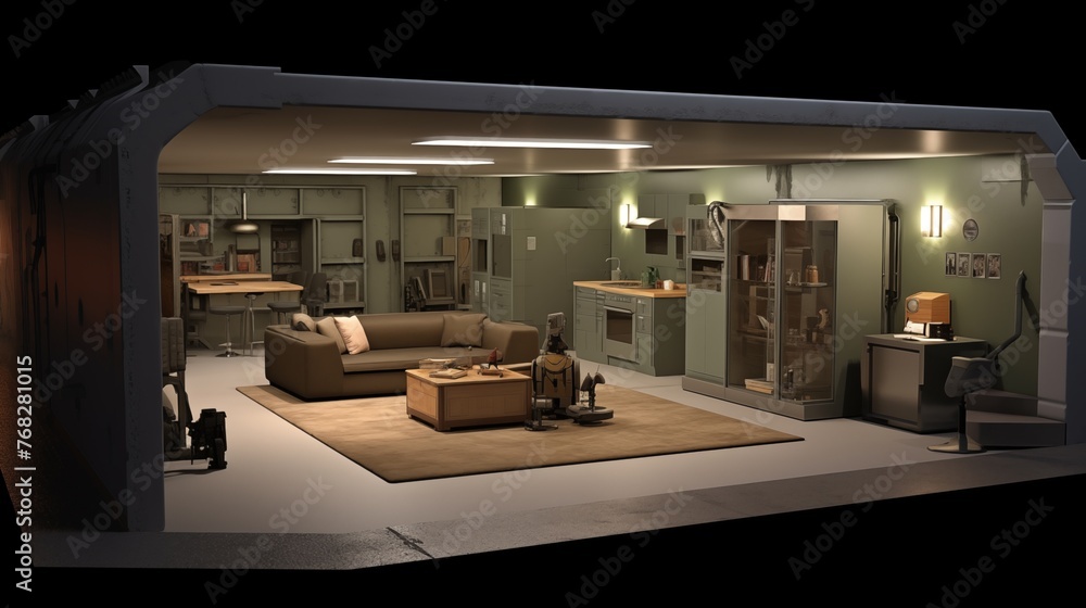 Underground safe room/bunker with secure entrance and modern living ...