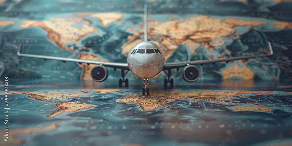 An illustration of a small jet plane in the background and below it a ...