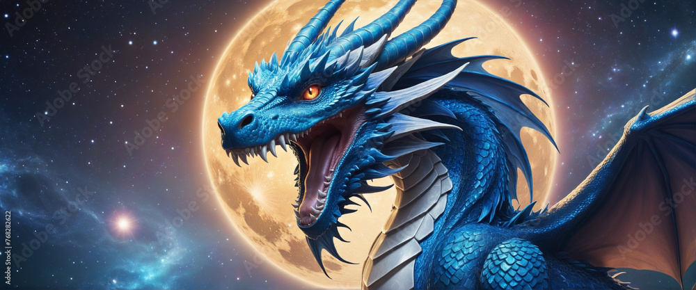 Beautiful magical blue dragon, mythical cosmic creature on a galaxy ...