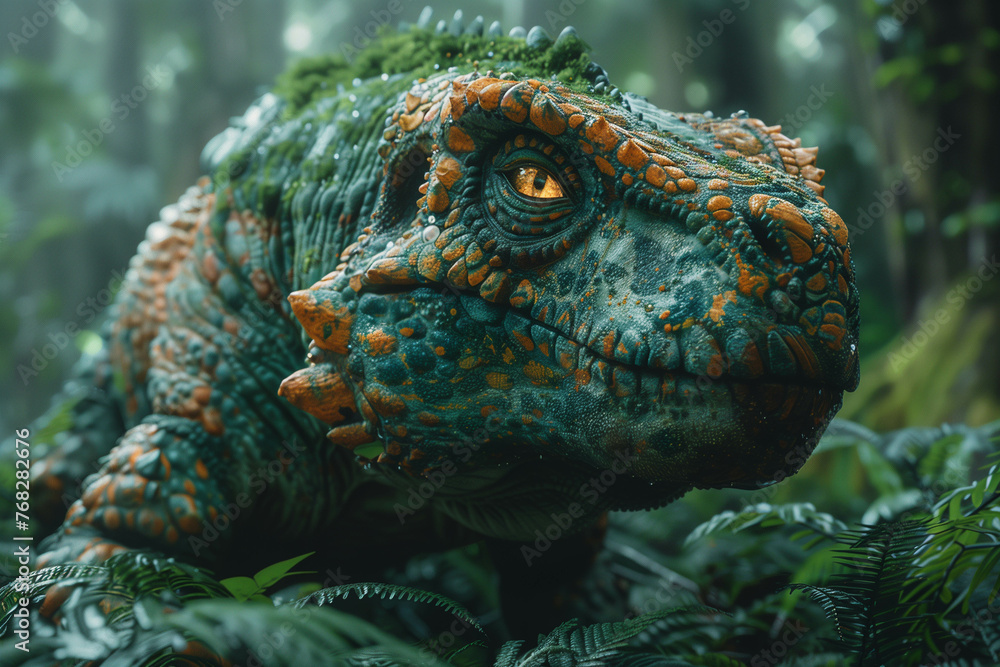An ultra-realistic portrait of an extinct dinosaur thriving in lush old ...