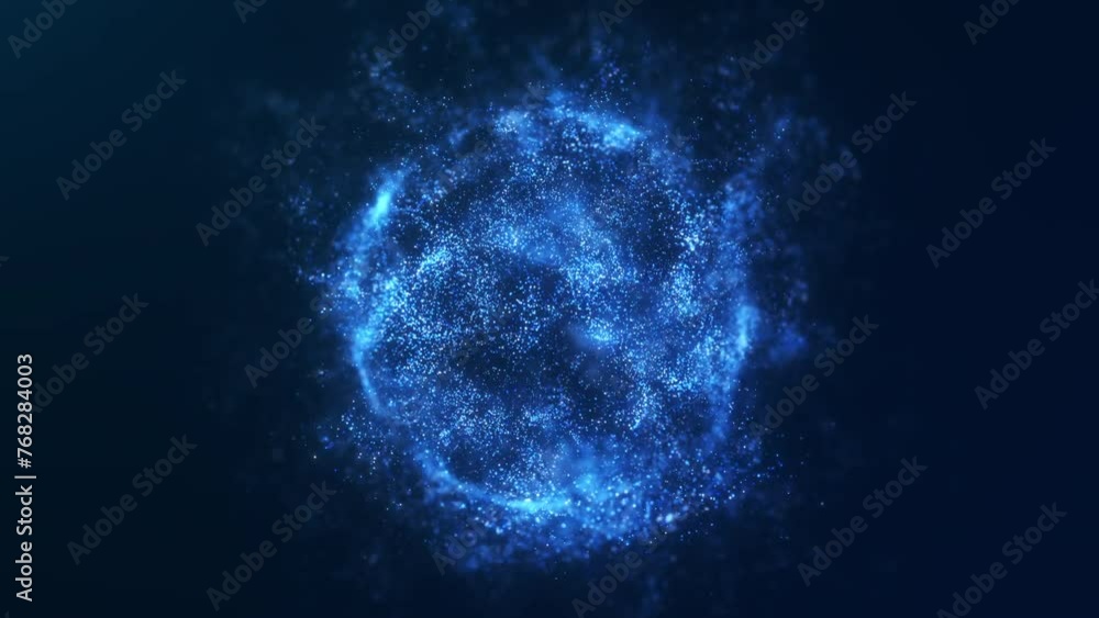 Abstract digital blue luminous core, atomic shell with particles ...