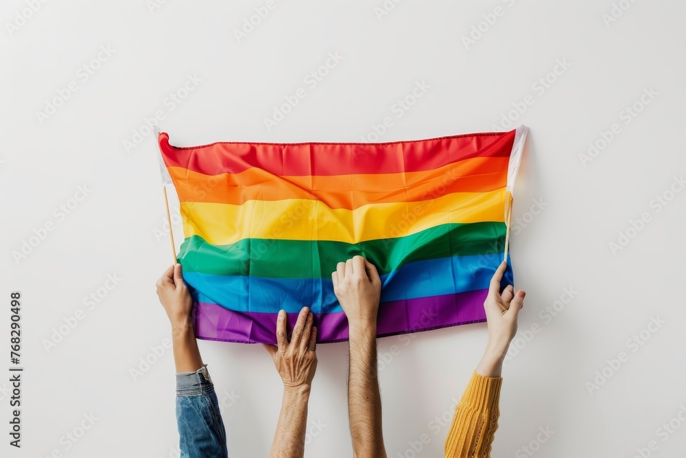 Multiple pairs of hands raise the rainbow-colored pride flag with pride ...