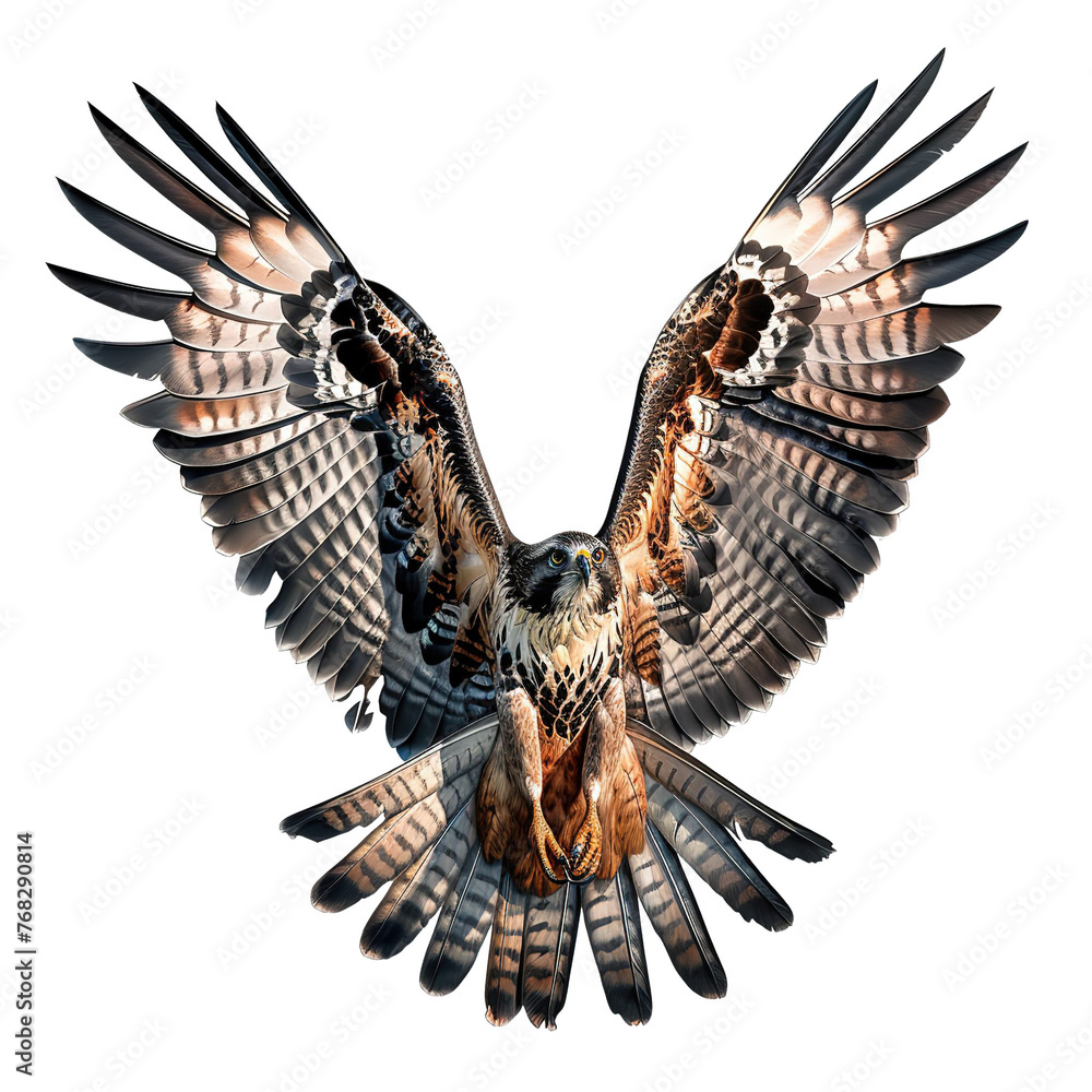 front view of a hawk flying with extended wings, sunset illumination ...
