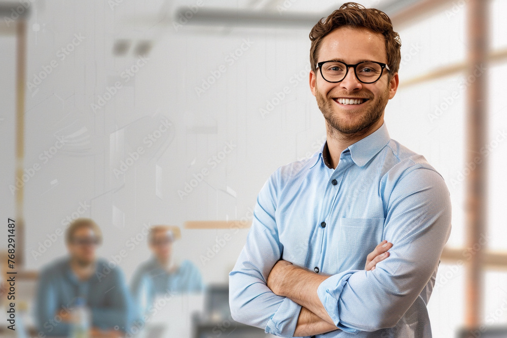 Smiling confident business leader standing at team meeting in office ...