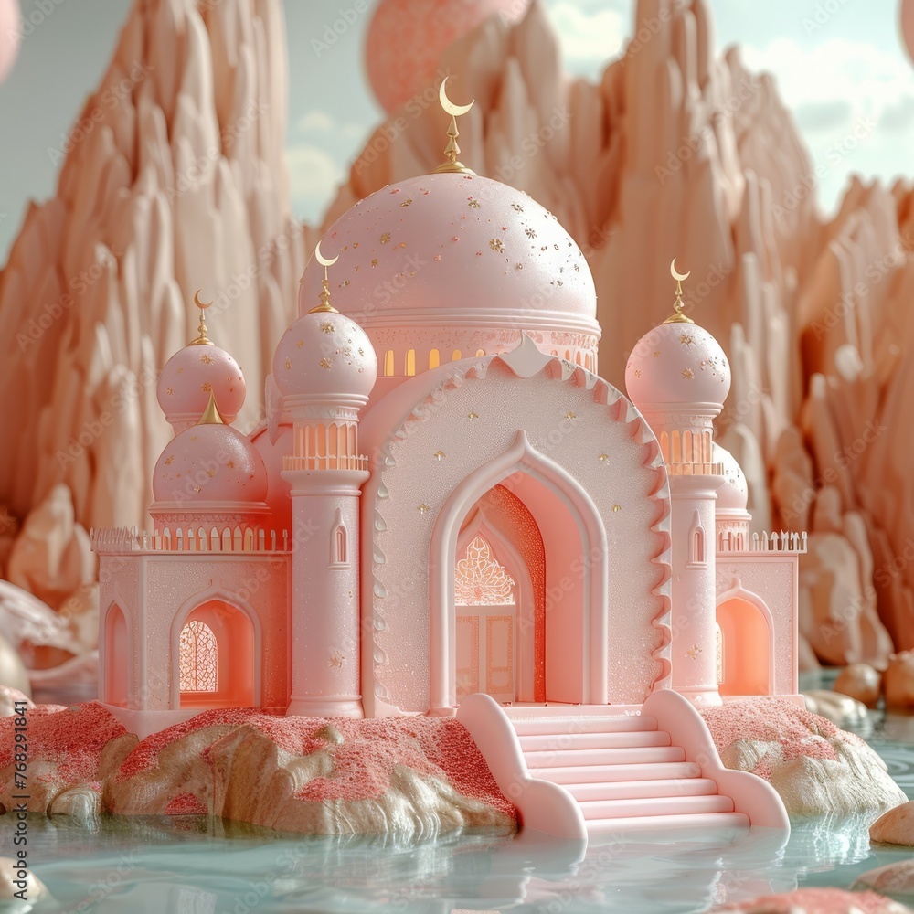 A peach and white cake in the shape of the mosque, complete with ...