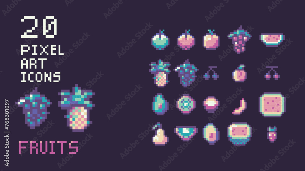 Pixel art Fruits vector game design icon video game interface set ...