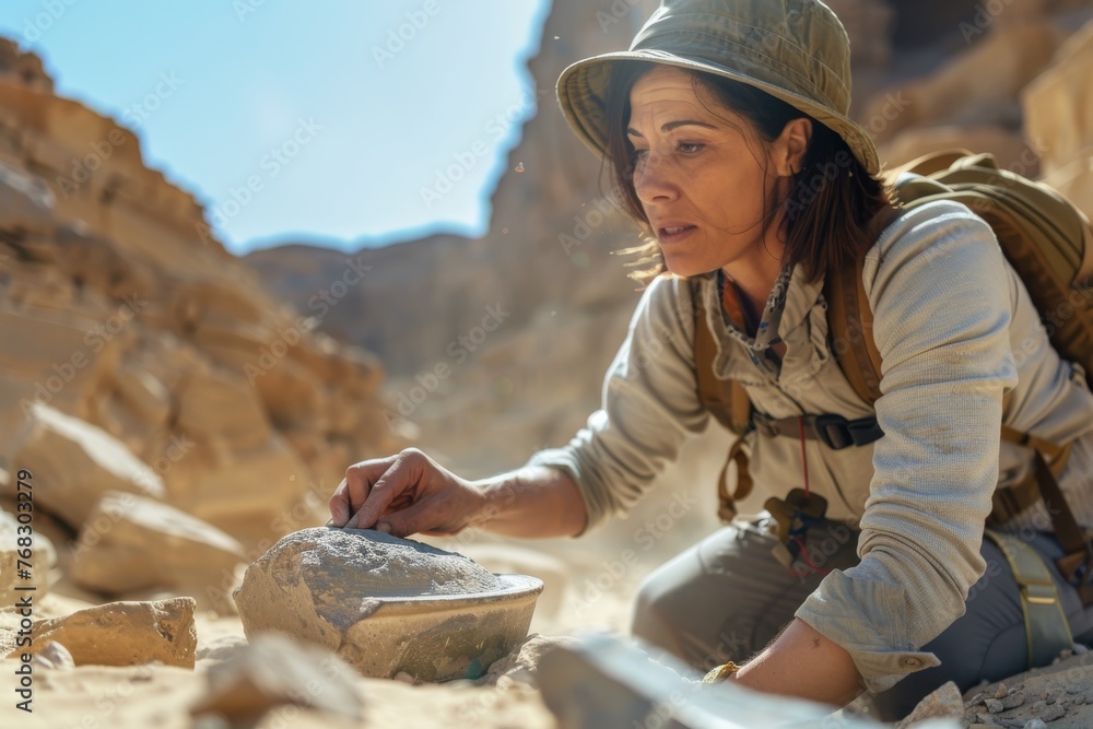 A focused archaeologist uncovers artifacts in a sandy desert excavation ...