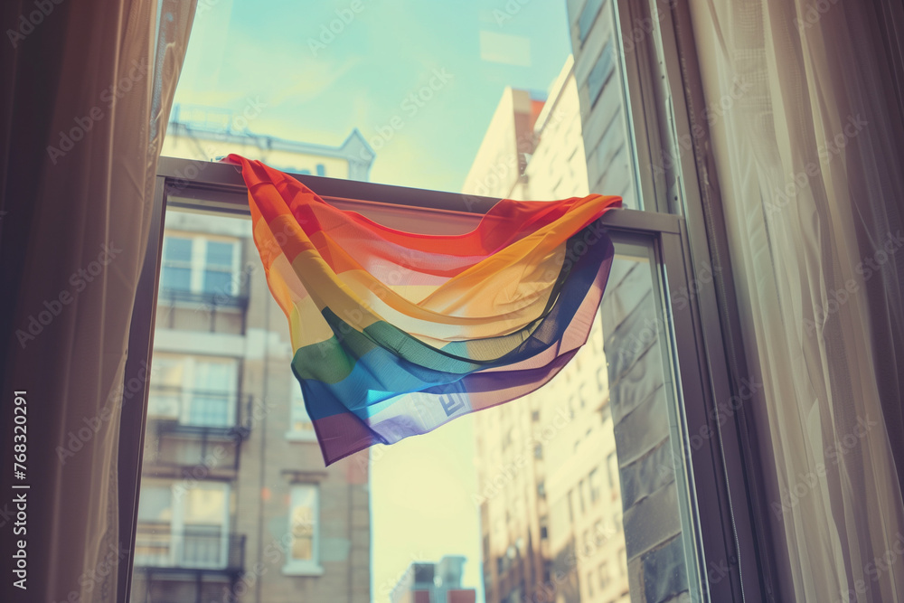 Gay flag in a window, rainbow colored fabric folded overlooking tall ...