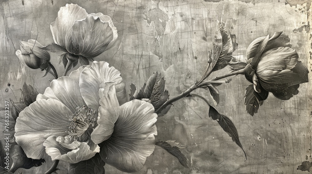 Nostalgic old engraving, delicate flowers immortalized in intricate ...