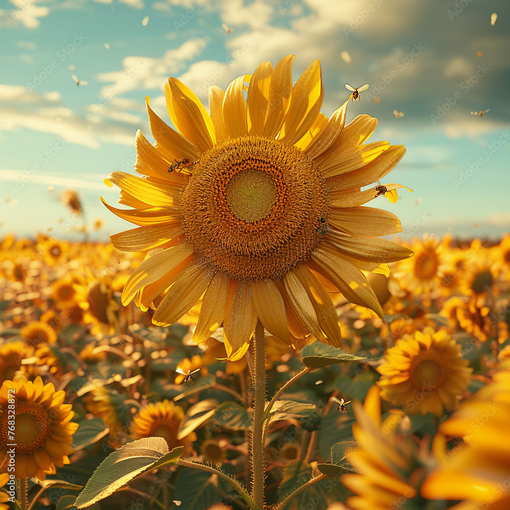 Sunflower, field, giant sunflower towering over a vibrant field of ...