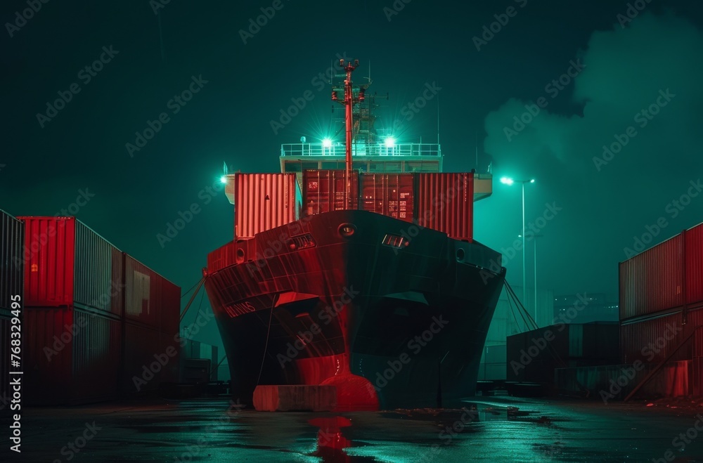 Red-hued cargo ship stands out against the night sky, illuminating the ...