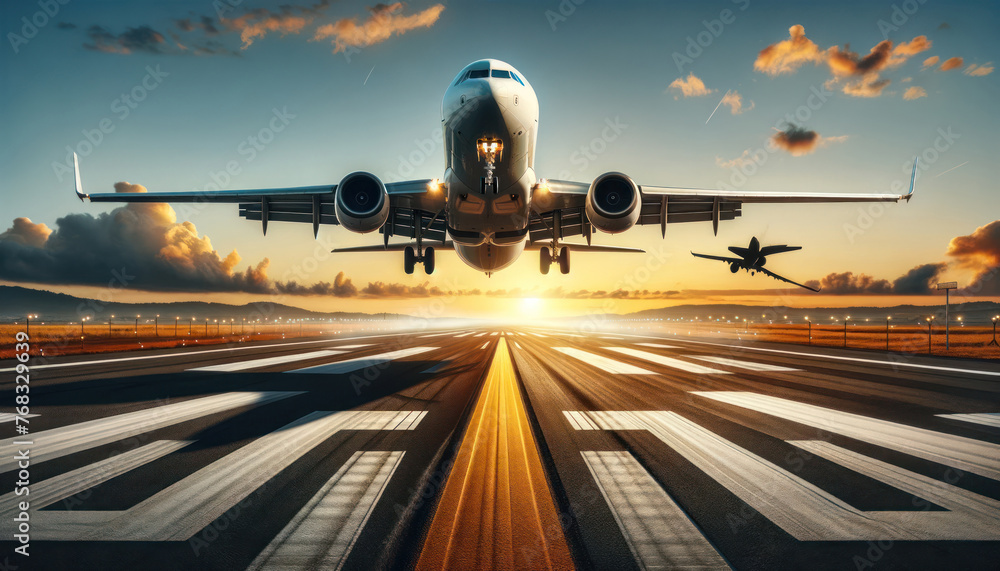 airplane taking off from a runway. The scene captures the airplane ...