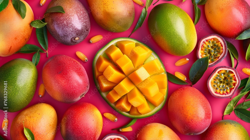 Mangos and passion fruits in a random scatter pattern , unique hyper ...
