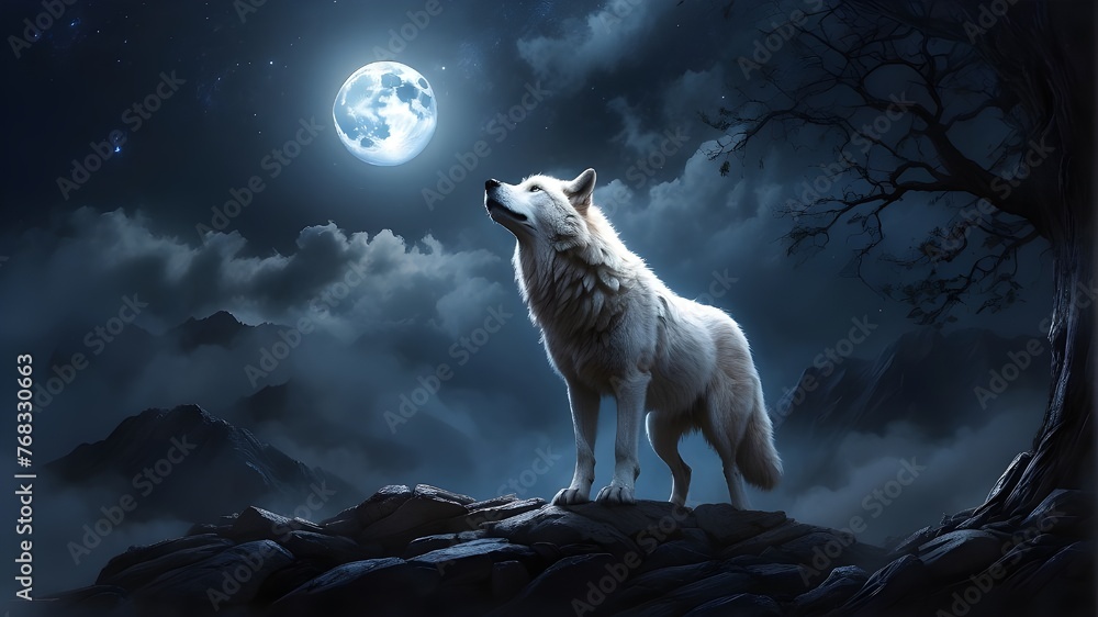 wolf howling at night, Digital illustration of a white wolf howling at ...