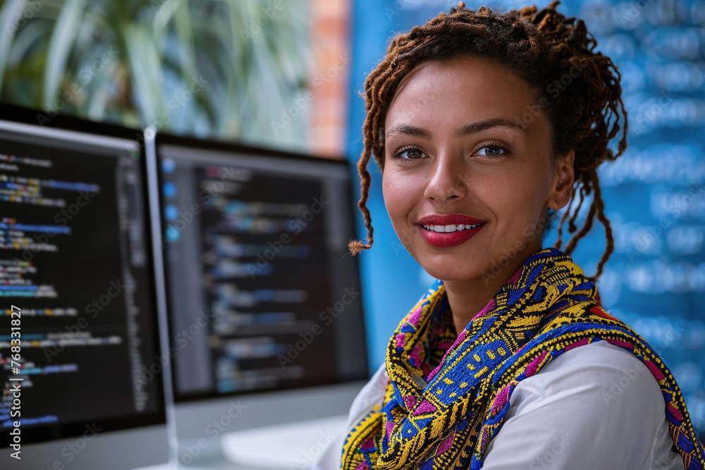 Confident female programmer smiling at the camera. Generative AI image ...