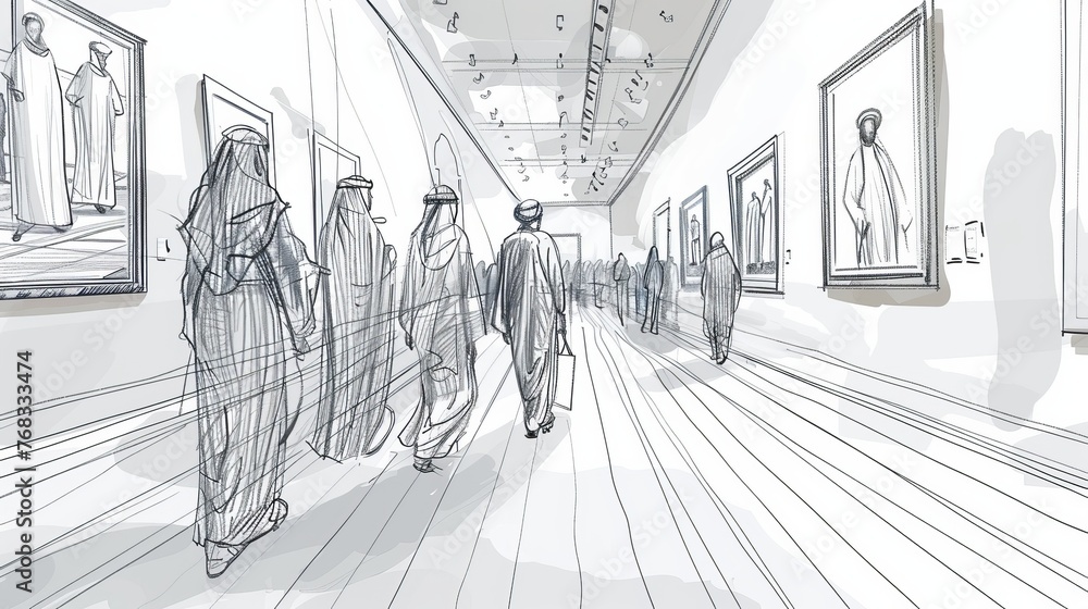 Arab individuals in traditional dress engage with art in a gallery ...