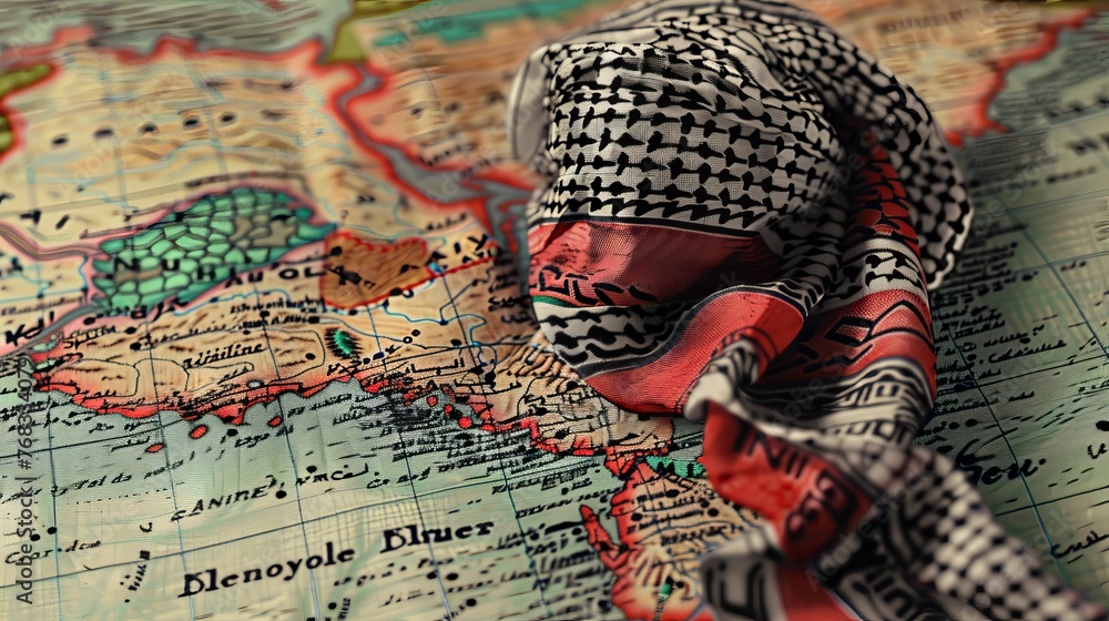 The Palestine scarf Keffiyeh is illustrated on a map of Palestine ...