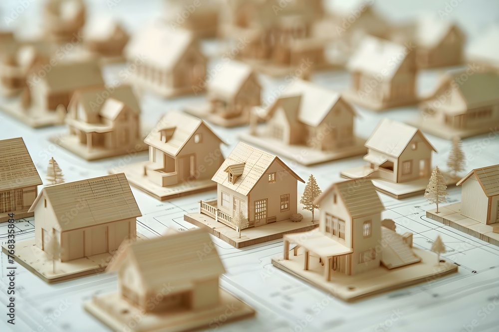 Architectural model of houses on blueprint representing building ...