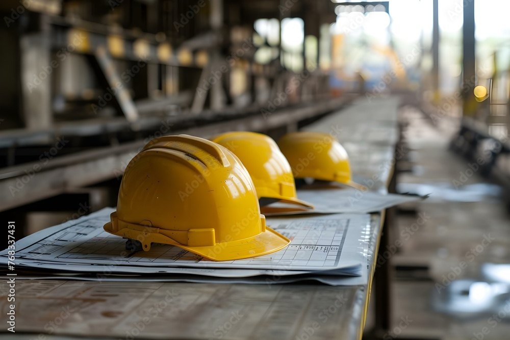 Yellow safety helmets and blueprints on engineering desks at a ...