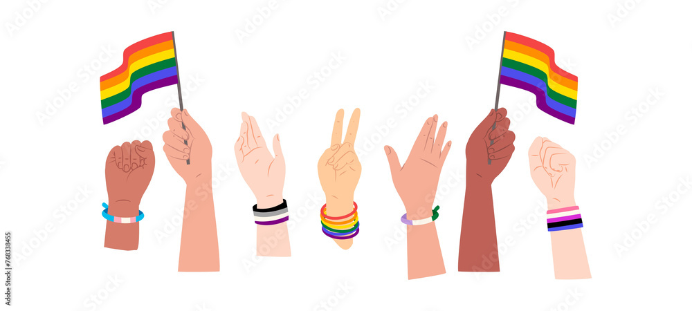 Happy pride banner. Diverse white and bipoc raised hands with gay lgbt ...