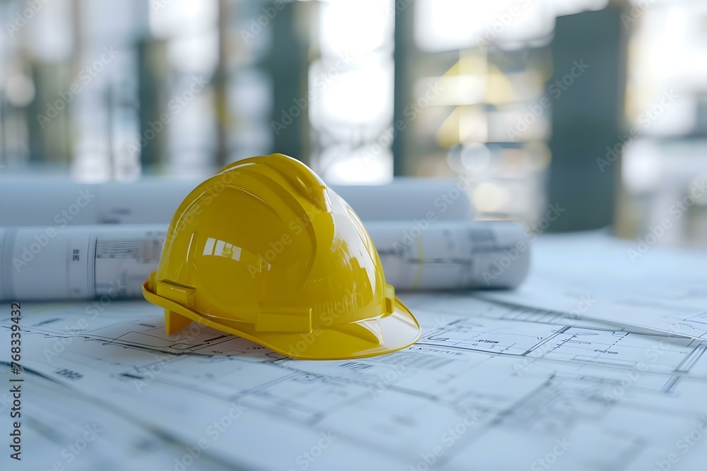 Yellow construction helmet on blueprints at a construction site ...