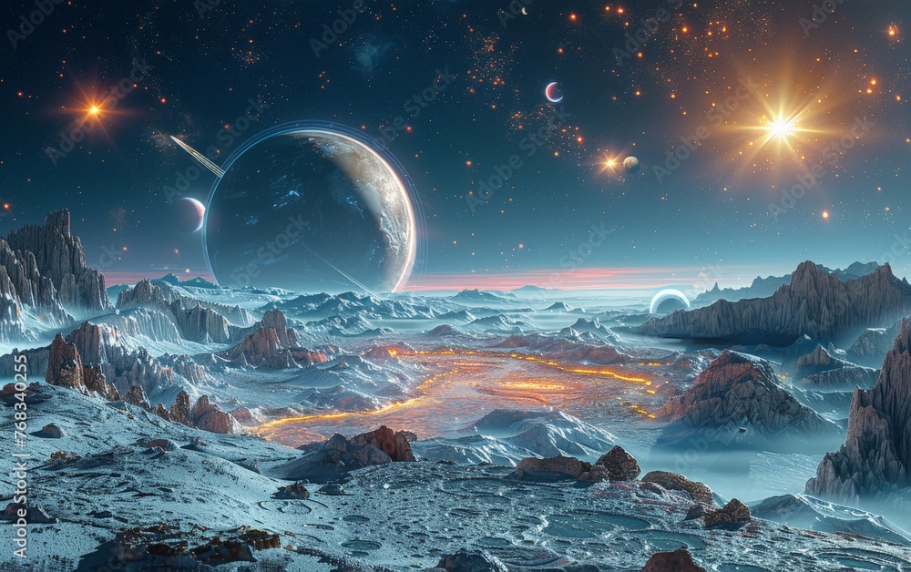 A stunning digital artwork of a futuristic alien landscape featuring ...
