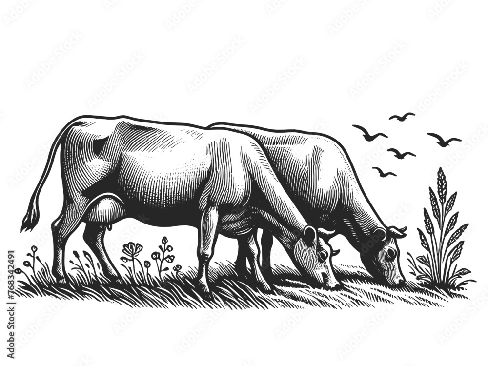 cows grazing peacefully among wildflowers and grass sketch engraving ...