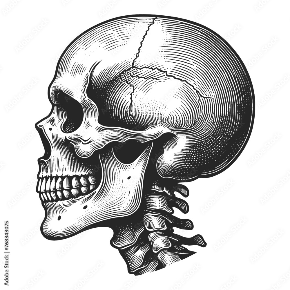 human skull side view detailed bone structure sketch engraving ...
