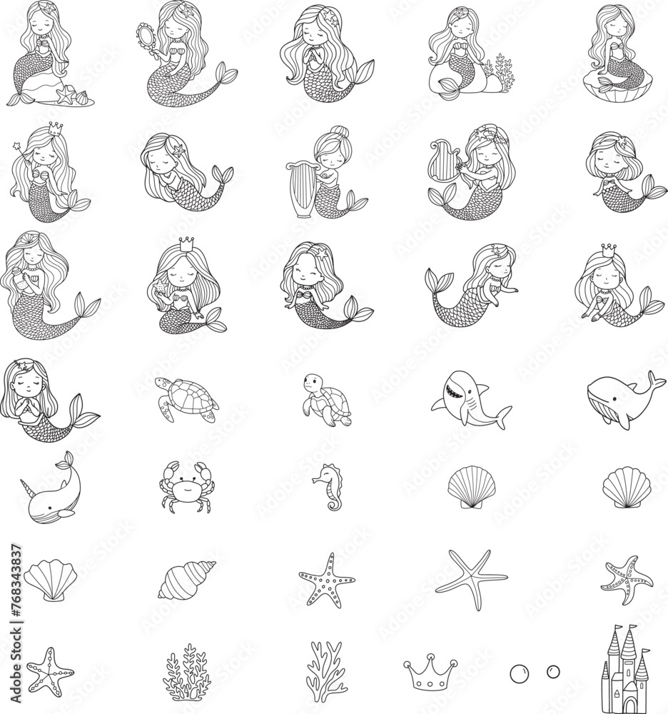 Cute mermaids cartoon, mermaid tail, shells and aquatic animal,starfish ...