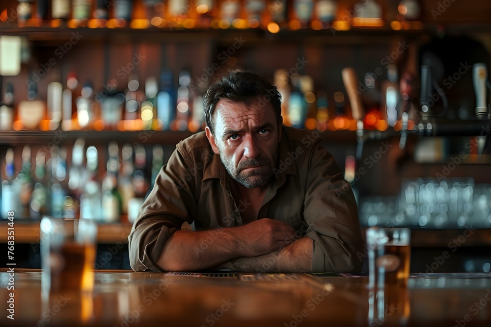 Middleaged man at bar with red flushed face and defeated expression ...