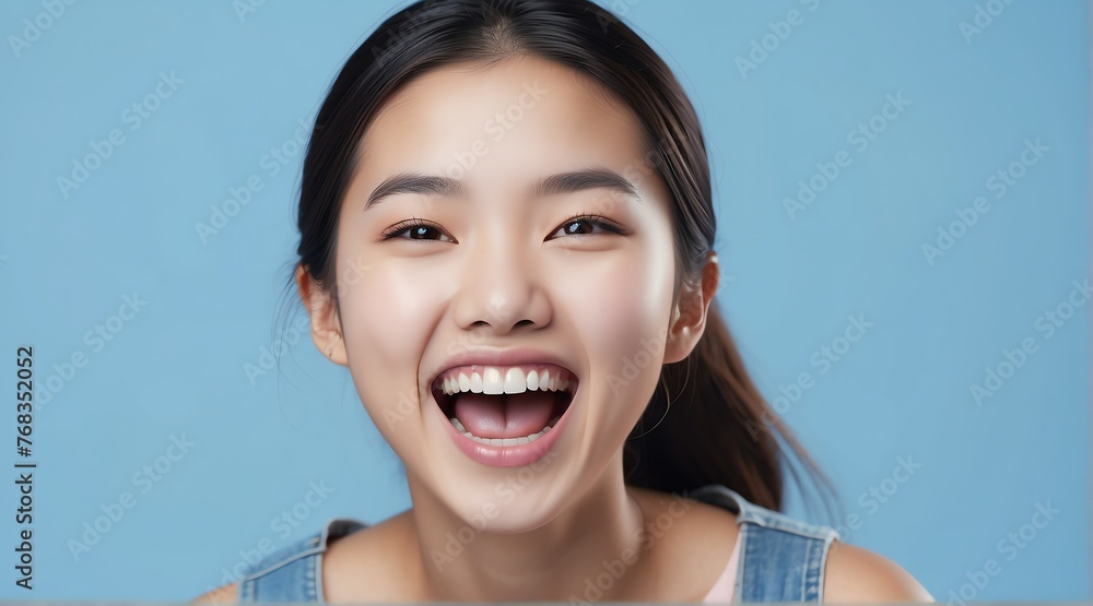 young asian teenage girl on plain bright blue background laughing ...