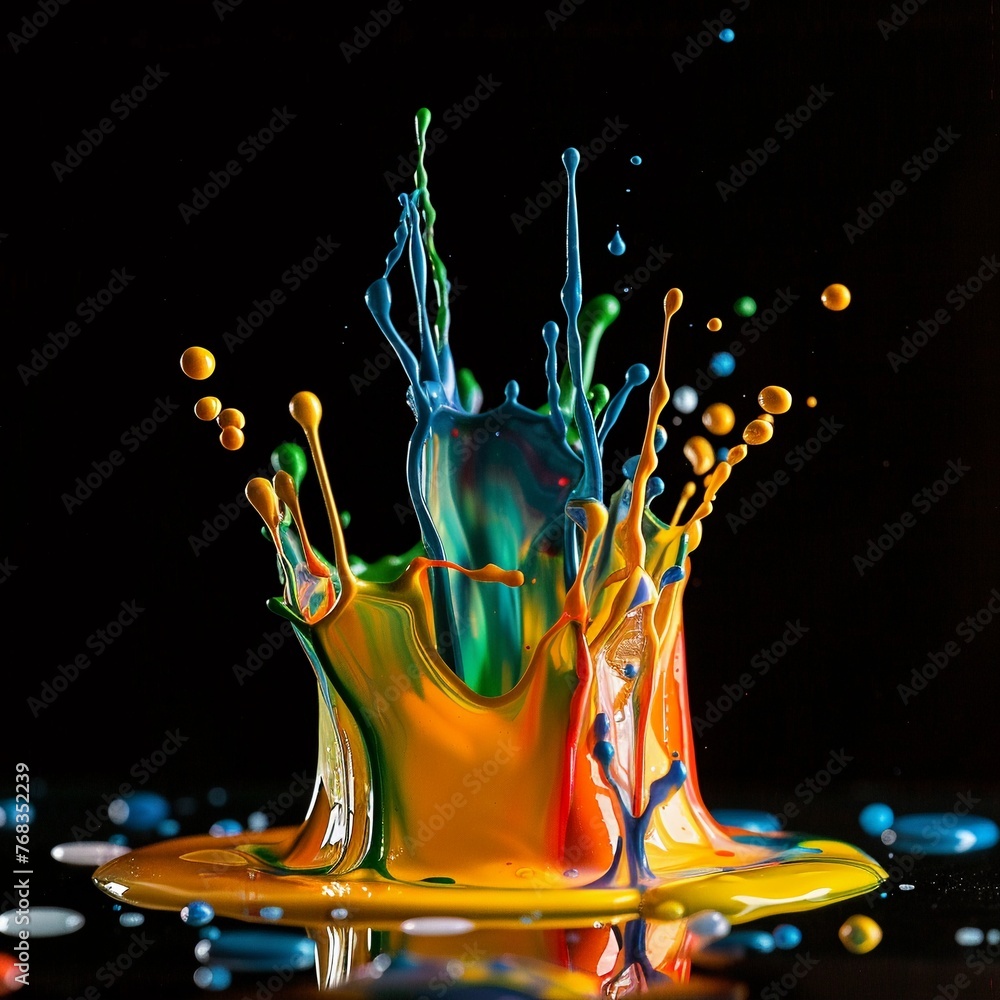 Highspeed capture of a splash of colorful paint against a black ...