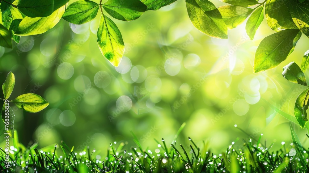 natural green background with a frame of grass and leaves. Juicy lush ...