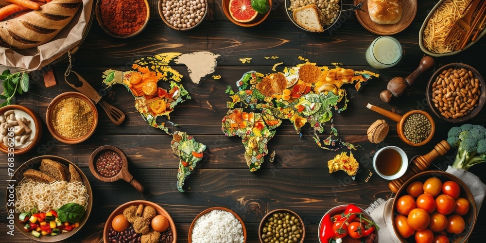 Table with a world map in the center and various foods around, concept ...