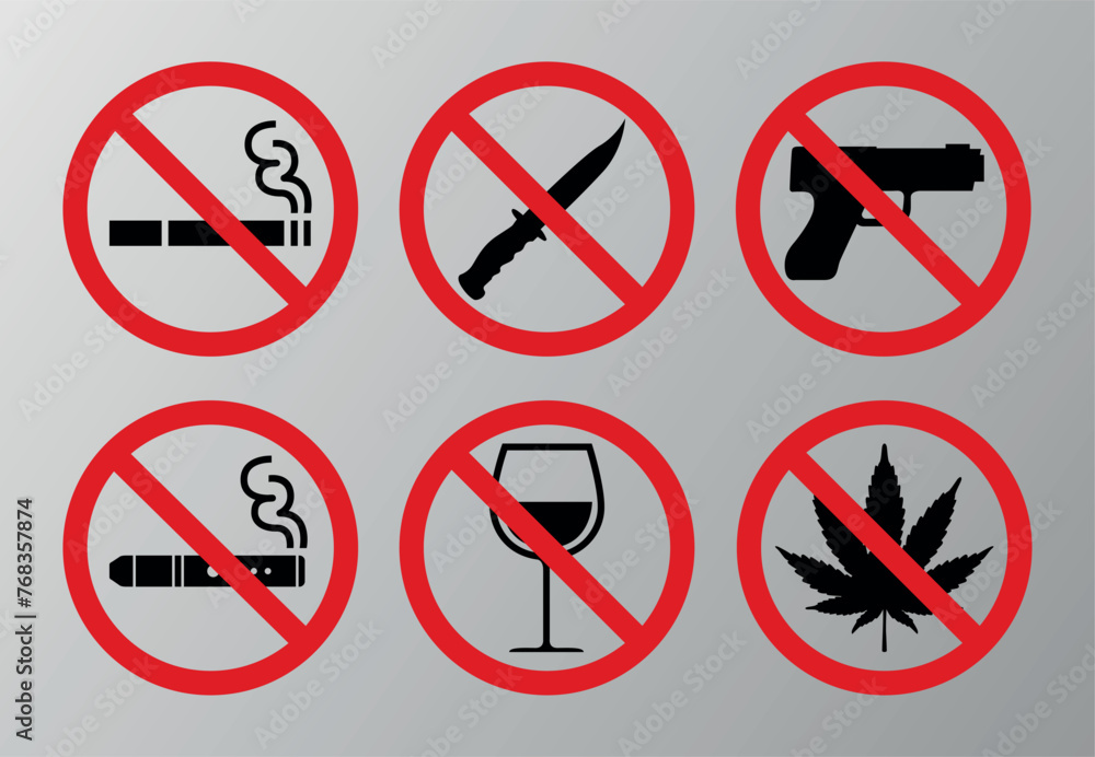 vector set of prohibition icons, prohibited smoking, prohibited vape ...
