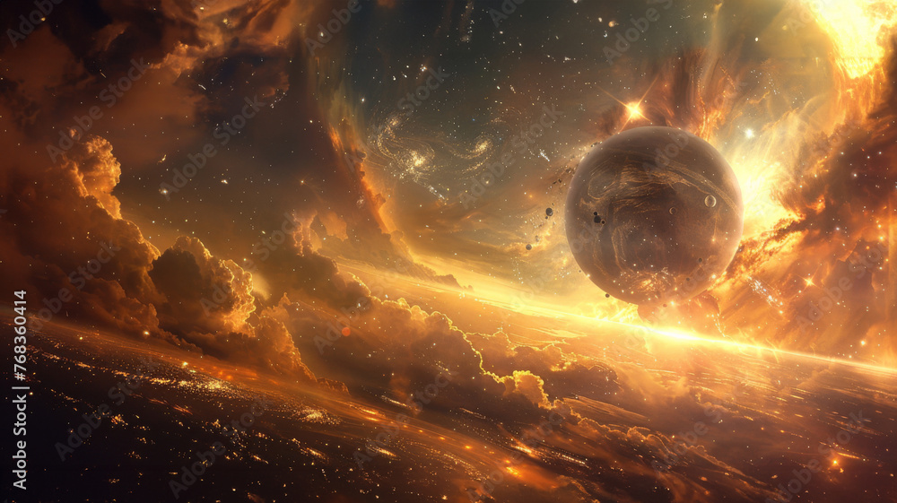 Apocalyptic scene with planet and fiery sky - A dramatic cosmic ...
