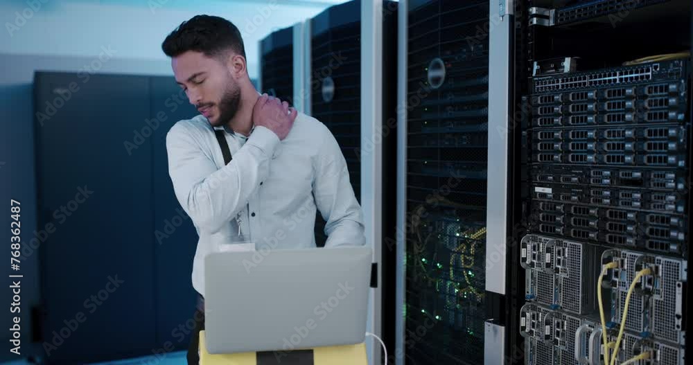 Server room, man and neck pain, health problem and technician with ...