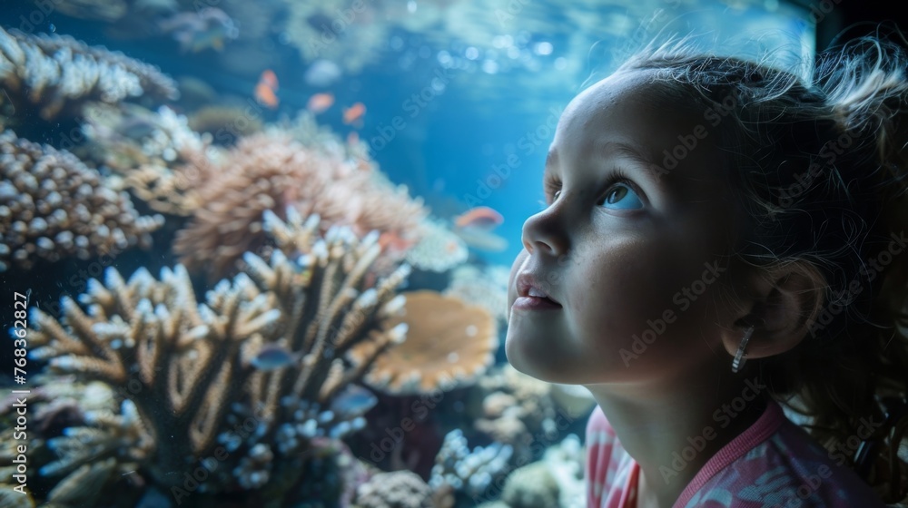 A young child looks in disbelief at a picture of a thriving coral reef ...