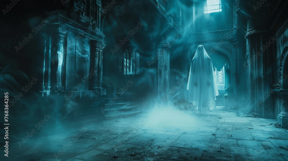Ghost using a hologram projector in a haunted house Stock Illustration ...