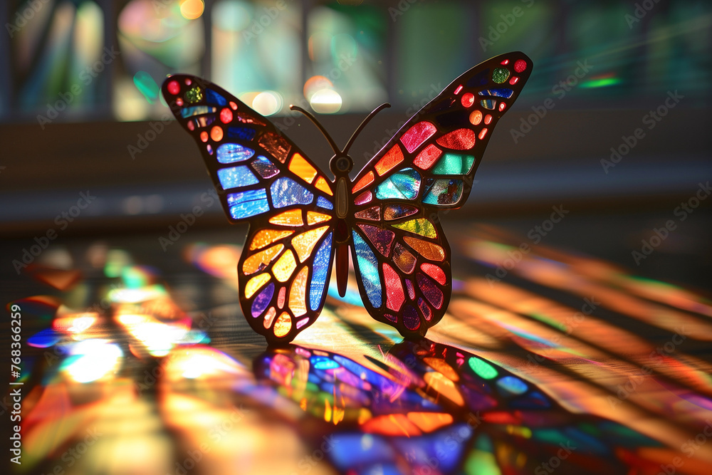 Modern stained glass with cross casting a butterfly emerging from ...