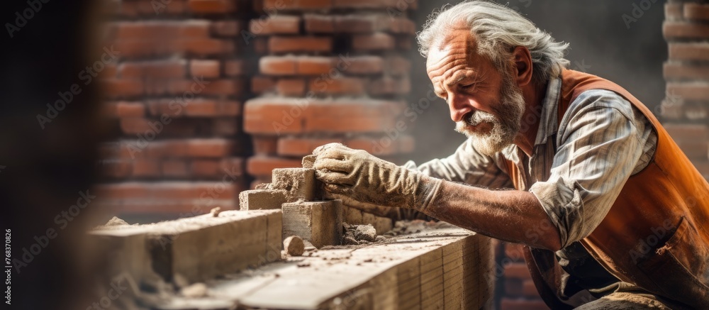 An elderly man is crafting a piece of hardwood in a brick workshop. His ...