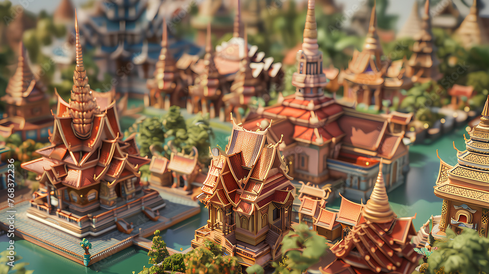 Stylized Miniature Thai Temple Cityscape . An intricate 3D rendering of ...
