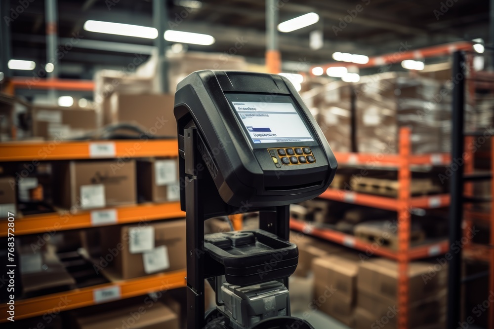 The heart of logistics: A barcode scanner window in an active warehouse ...