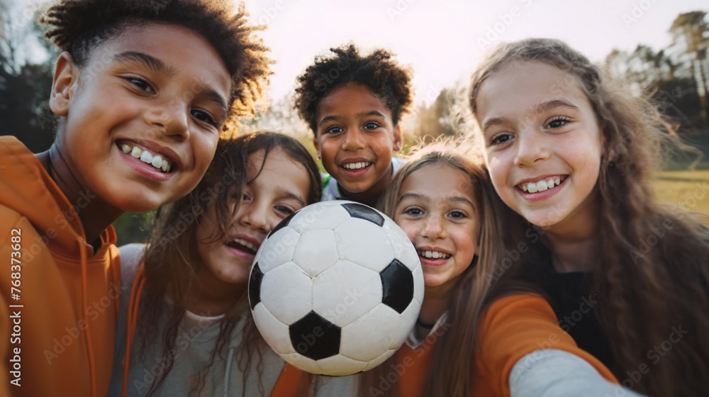 group of young children kids boys and girls or teenagers, on the sports ...