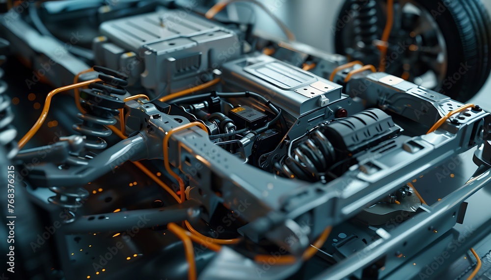 Close-up reveals electric vehicle's powertrain with battery and motor ...