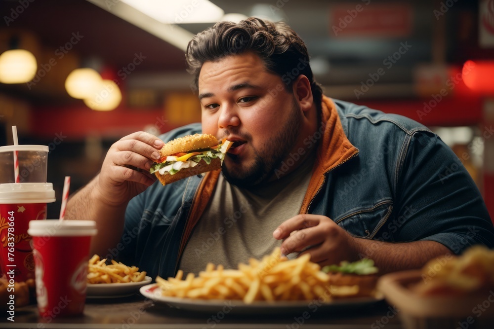 fat man eating junk food at fast food restaurant Stock Photo | Adobe Stock